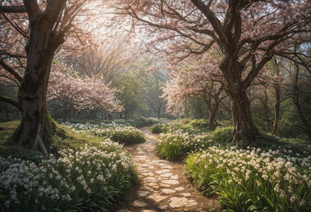 Sunlit Cherry Blossom Garden Pathway