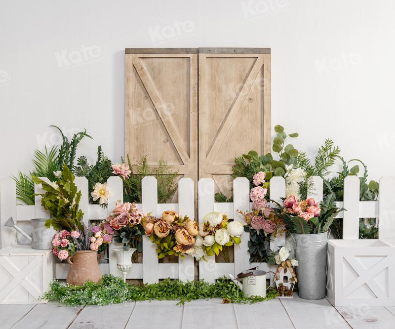 Rustic Garden Floral Wooden Fence Backdrop
