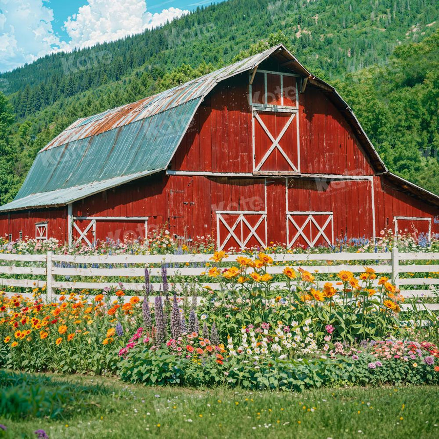 Rustic Red Barn Floral Garden Backdrop