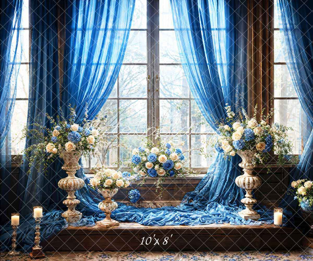 Elegant Blue Floral Window Scene Backdrop