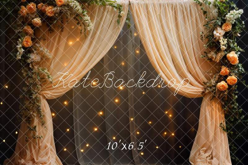 Elegant Peach Floral Twinkle Curtain Backdrop