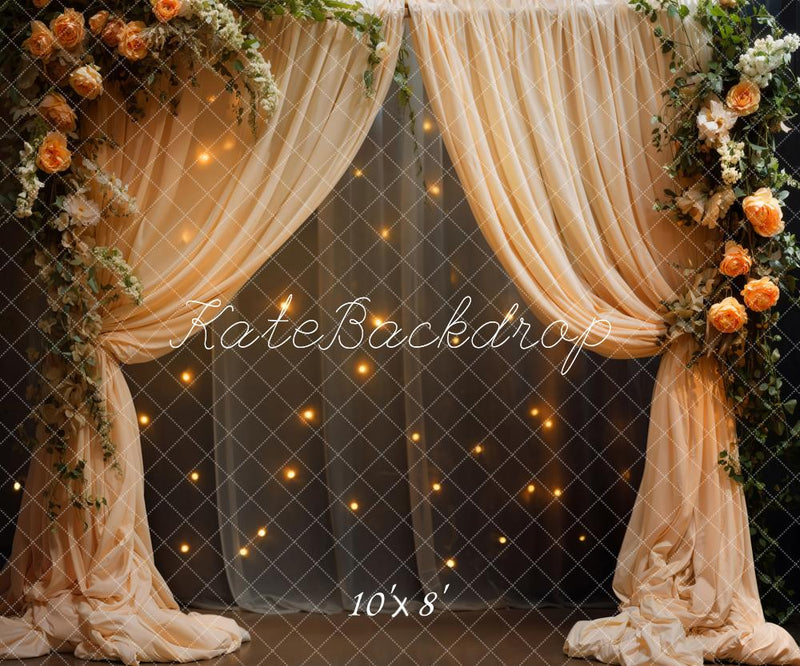 Elegant Peach Floral Twinkle Curtain Backdrop