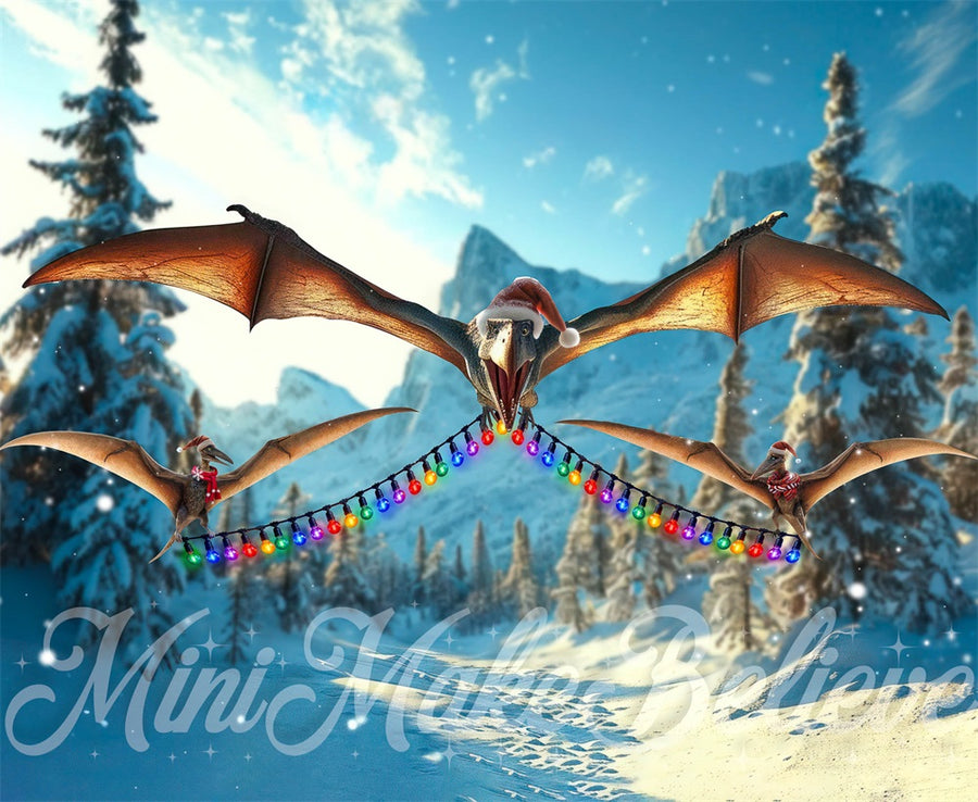 Whimsical Festive Pterodactyl Winter Backdrop