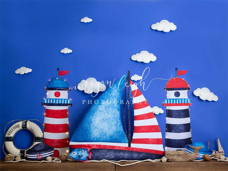 Nautical Lighthouse and Sailboat Backdrop