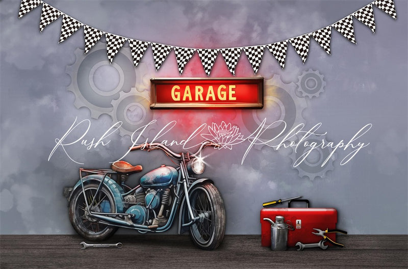 Vintage Motorcycle Garage Photo Backdrop