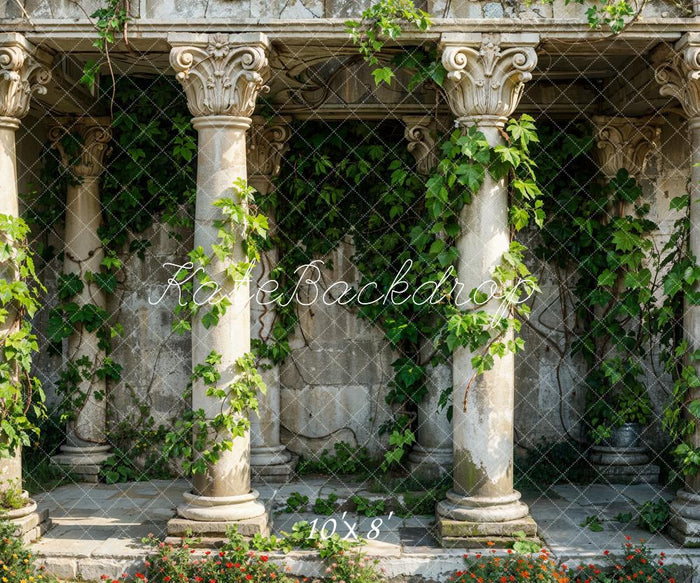 Ancient Ivy Covered Stone Pillars Backdrop