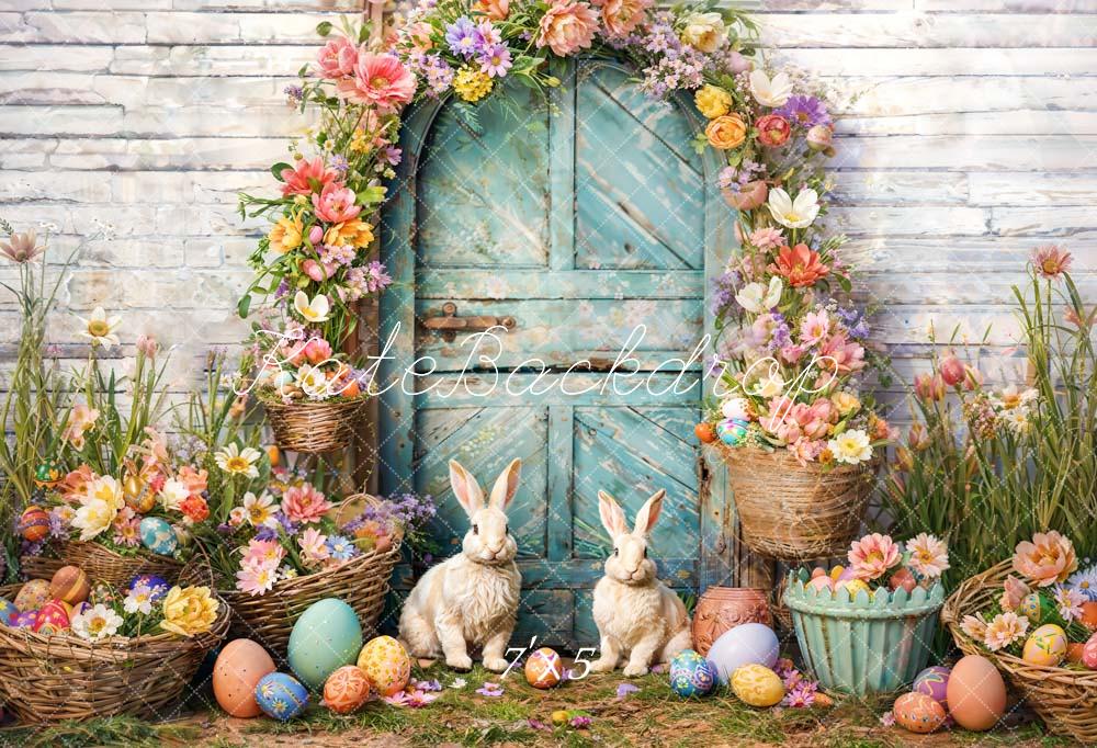 Rustic Blue Door Floral Easter Backdrop