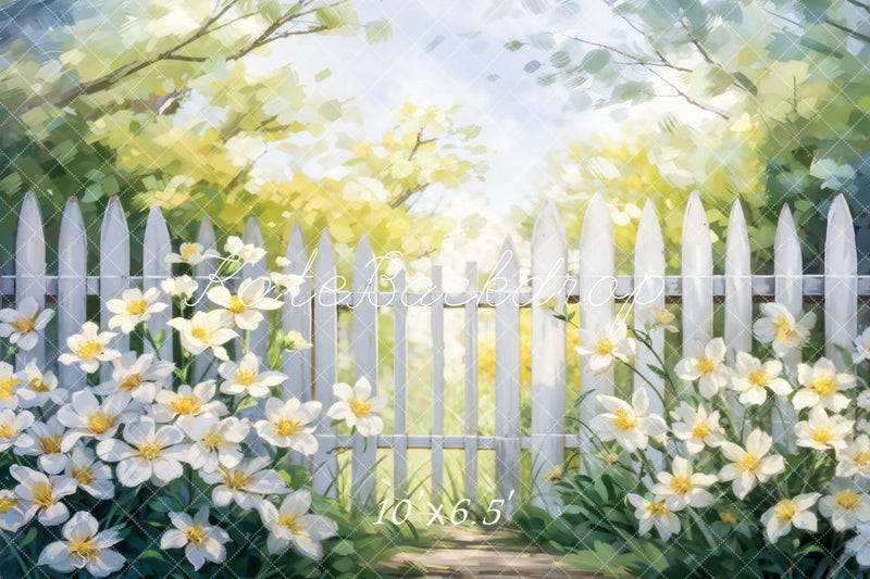 Sunlit Garden White Picket Fence Backdrop