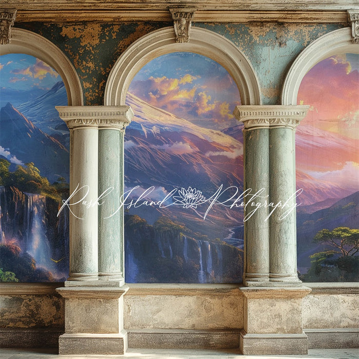 Kate Retro Painted Cloud Mountain Waterfall Arched Column Wall Backdro