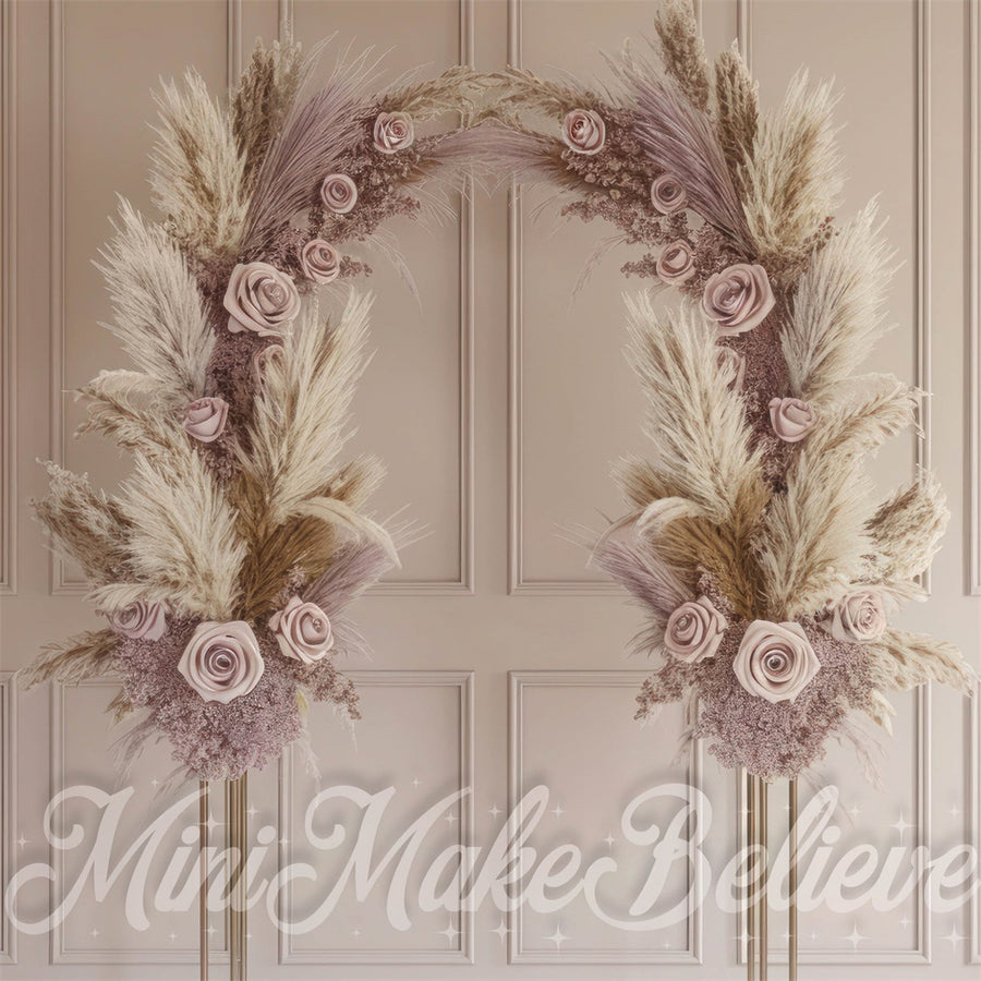 Kate Boho Mauve Reed Floral Arch Retro Beige Striped Wall Backdrop Des