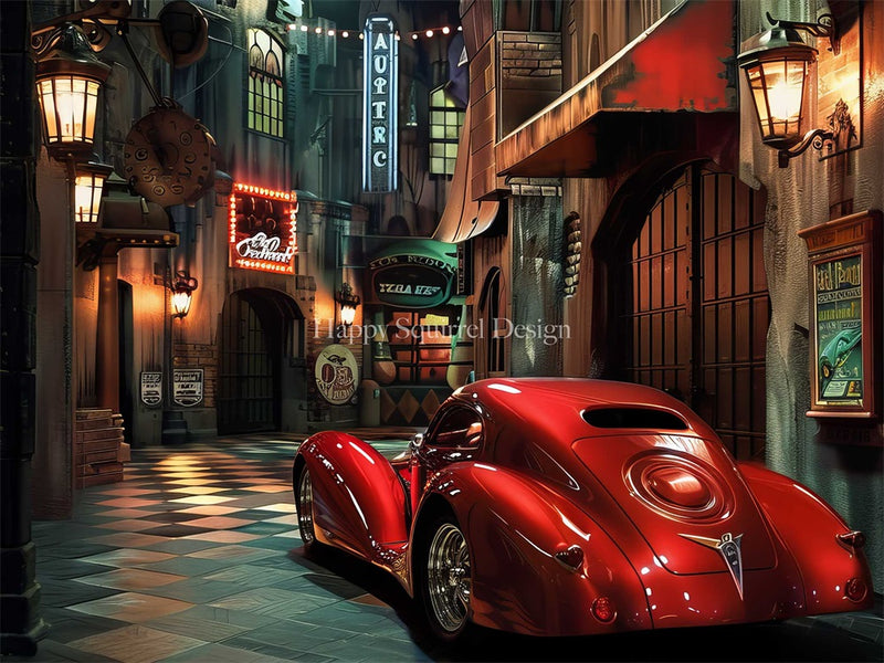 Kate Retro Night Automatic Street Shop Red Car Backdrop Designed by Ha