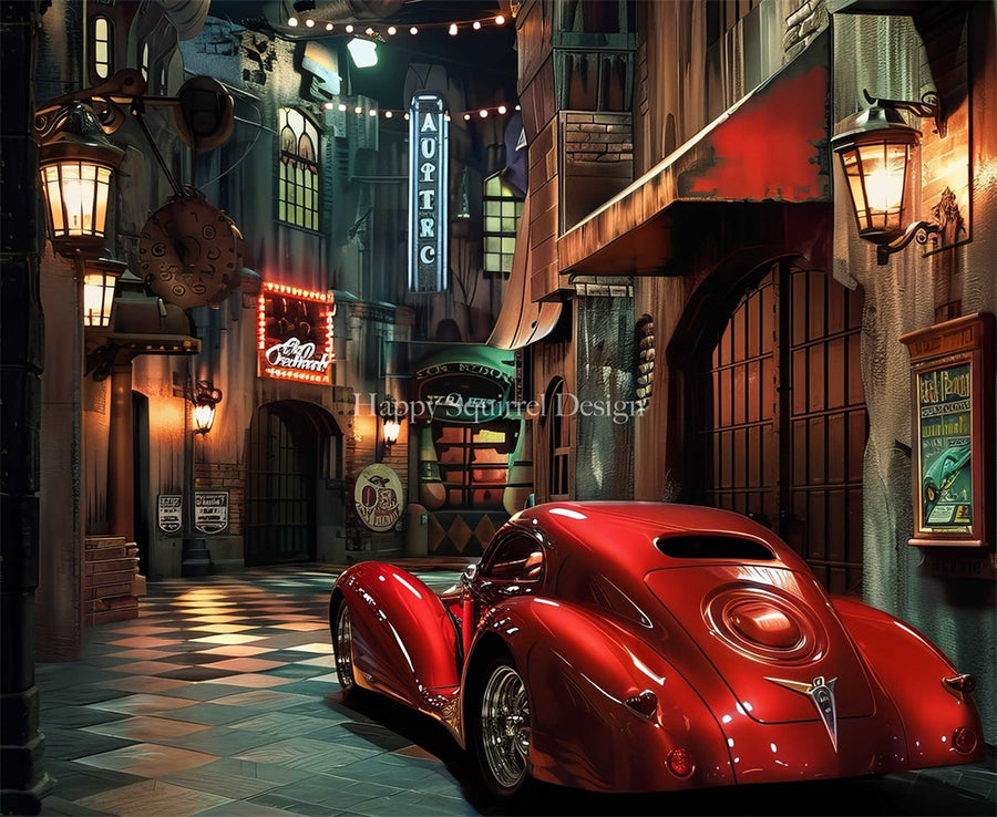 Kate Retro Night Automatic Street Shop Red Car Backdrop Designed by Ha