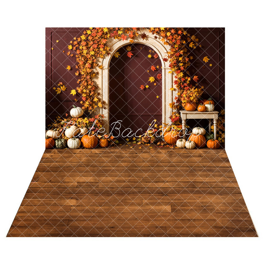 Kate Autumn Pumpkin Red Maple Leaf White Arch Cocoa Wall Backdrop+Dark