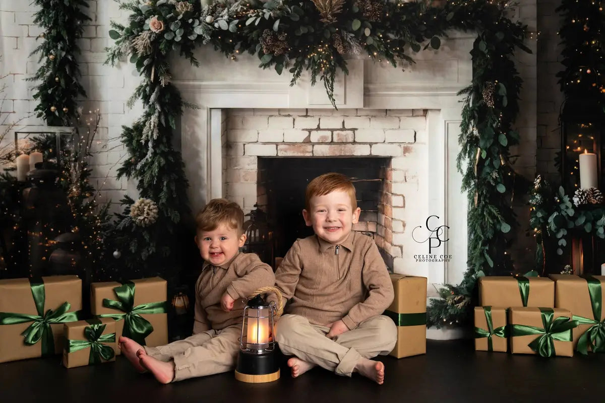 Kate Winter Christmas Indoor White Brick Fireplace Backdrop Designed b