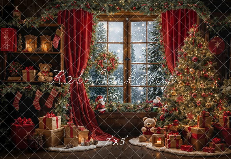 Kate Winter Christmas Teddy Bear Red Curtain Framed Window Backdrop De