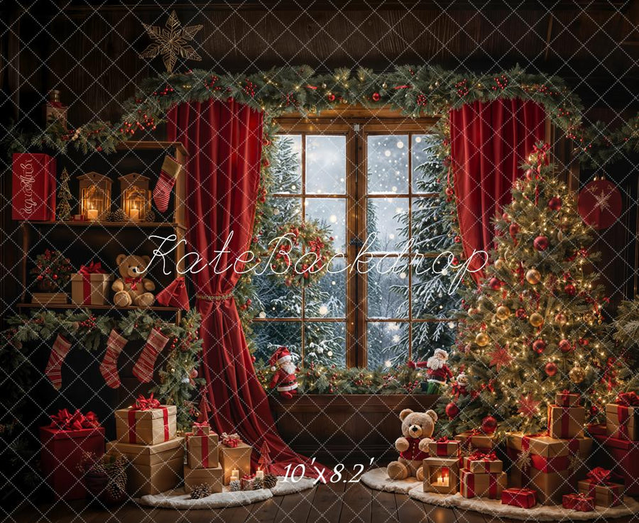 Kate Winter Christmas Teddy Bear Red Curtain Framed Window Backdrop De