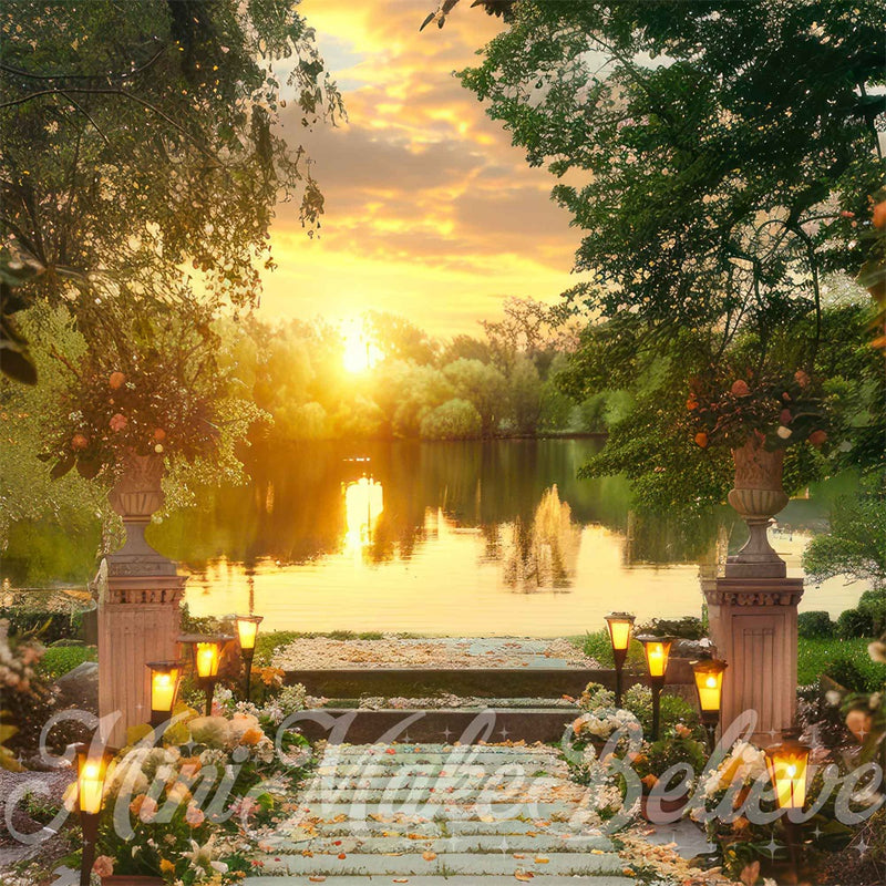 Kate Autumn Forest Colorful Flower Sunset Dock Backdrop Designed by Mi