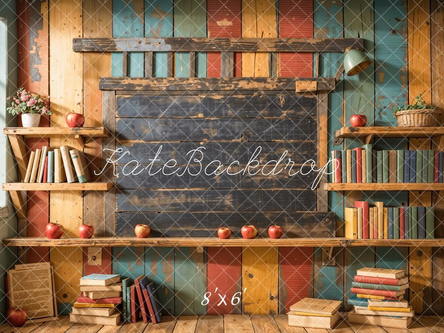 Kate Back to School Dark Brown Wooden Bookshelf Blackboard Backdrop for ...