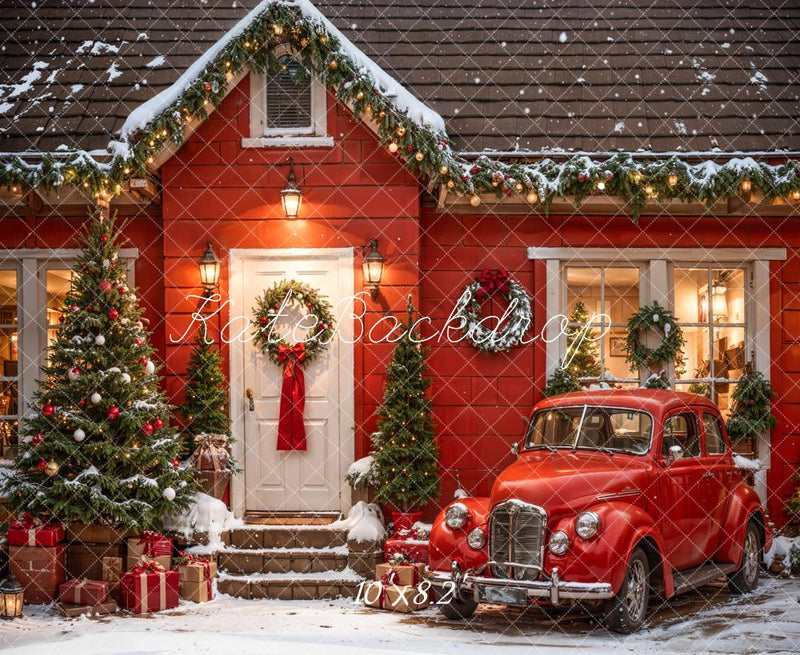 Kate Christmas Outdoor Red House and Car Backdrop Designed by Emetselc