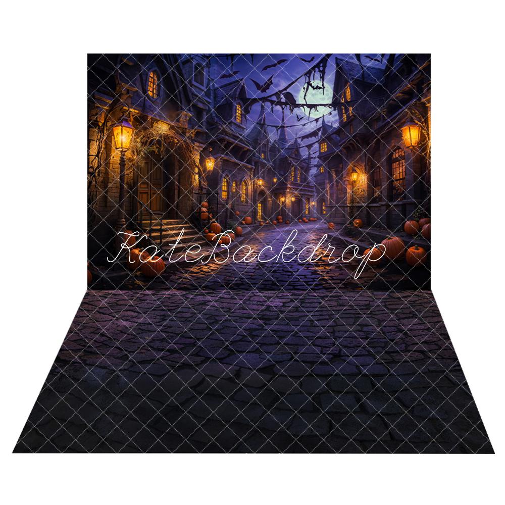 Kate Halloween Night Pumpkin Street Backdrop+Dark Purple Brick Road Fl
