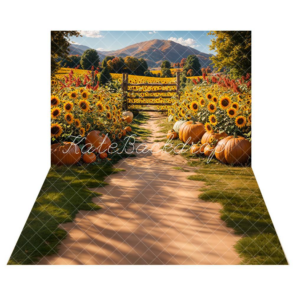 Kate Fall Sunflower Pumpkin Field Farm Backdrop+Forest Shadow Meadow P