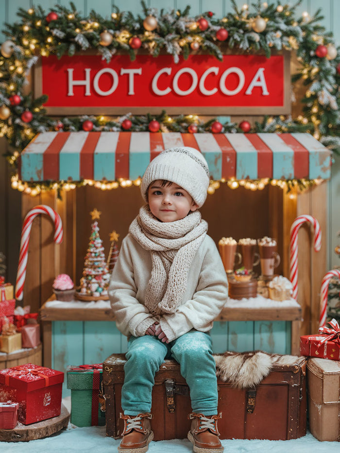 Kate Christmas Tree Hot Cocoa Stand Blue Backdrop Designed by Emetselc
