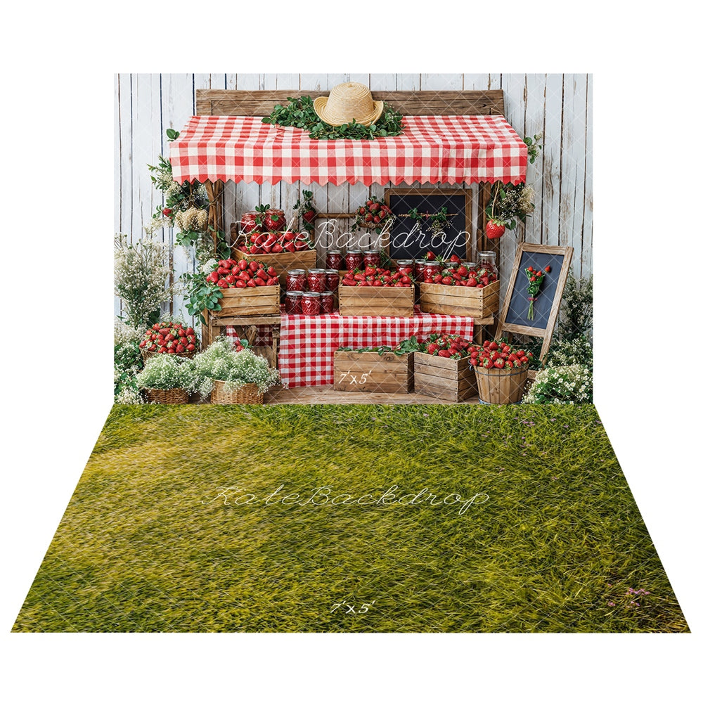 Kate Summer Strawberry Market Stand Backdrop+Green Grass Meadow Floor