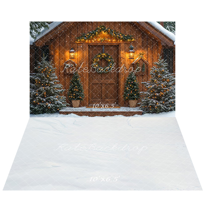 Kate Christmas Cabin Snowy Trees Backdrop+White Snow Floor Backdrop