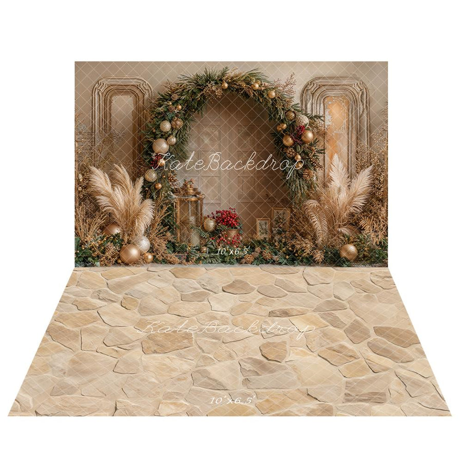 Kate Christmas Boho Flower Arch Gold Ornaments Pampas Grass Backdrop+B
