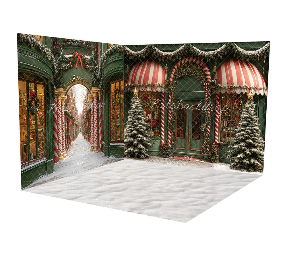 Kate Christmas Shop Candy Cane Striped Awning Snowy Trees Room Set