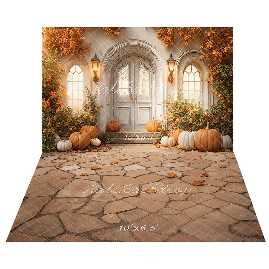 Kate Fall Pumpkins Front Door Arch Leaves Backdrop+Fall Leaves Cobbles