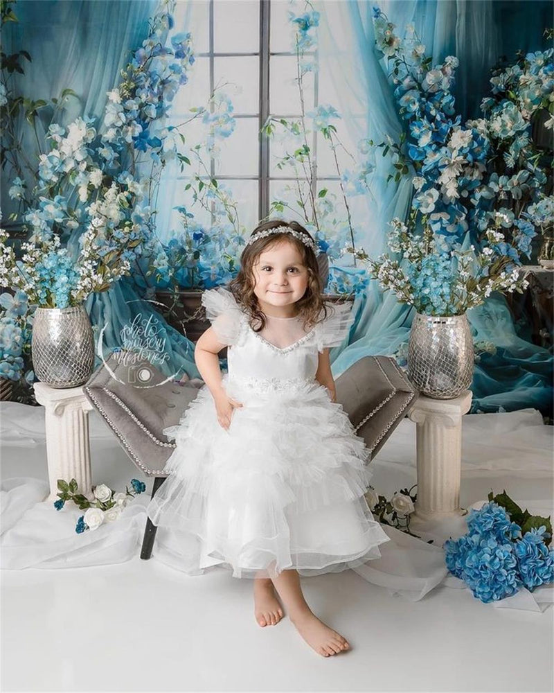 Elegant Blue Floral Window Scene Backdrop
