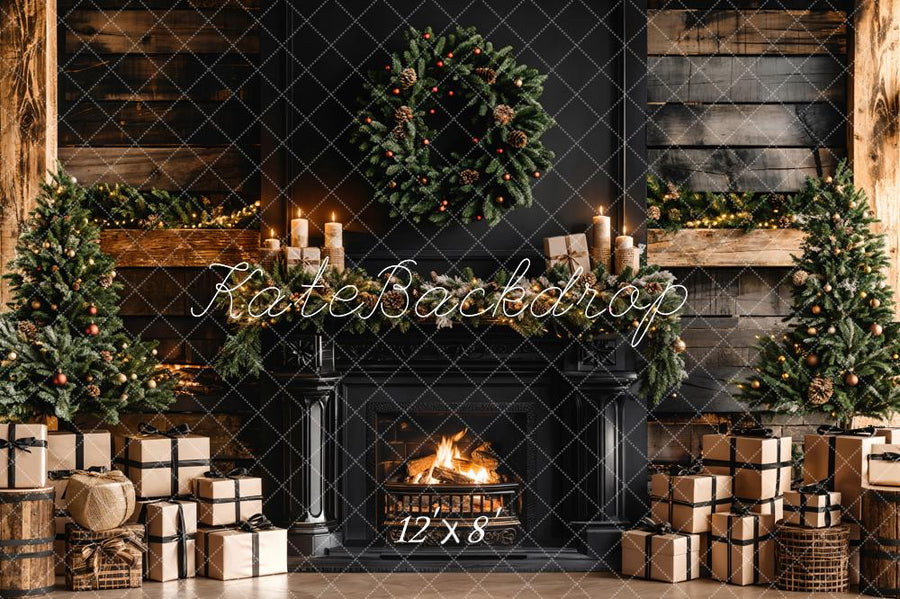 Cozy Rustic Christmas Fireplace Backdrop