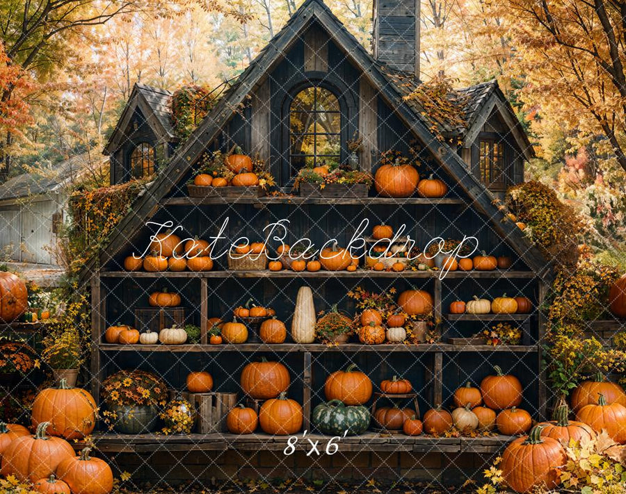 Kate Fall Pumpkins Cabinet Cabin Maple Forest Backdrop Designed by Eme