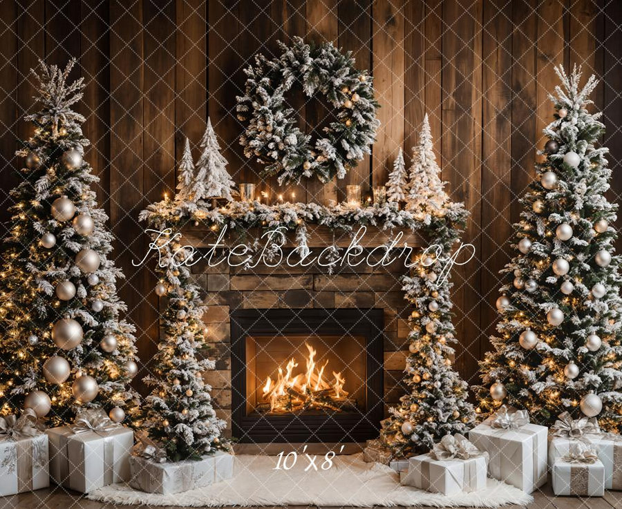 Frosted Holiday Fireplace Christmas Backdrop