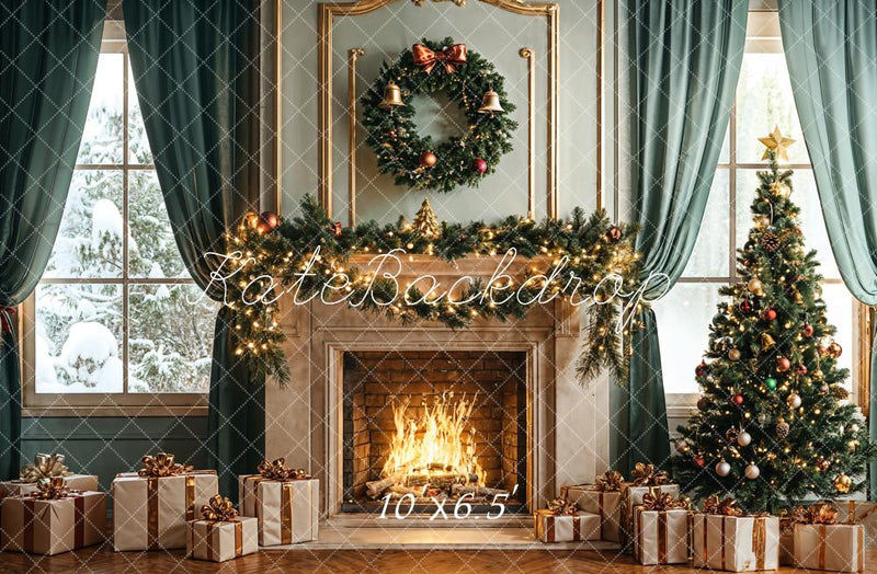 Cozy Festive Fireplace Christmas Backdrop