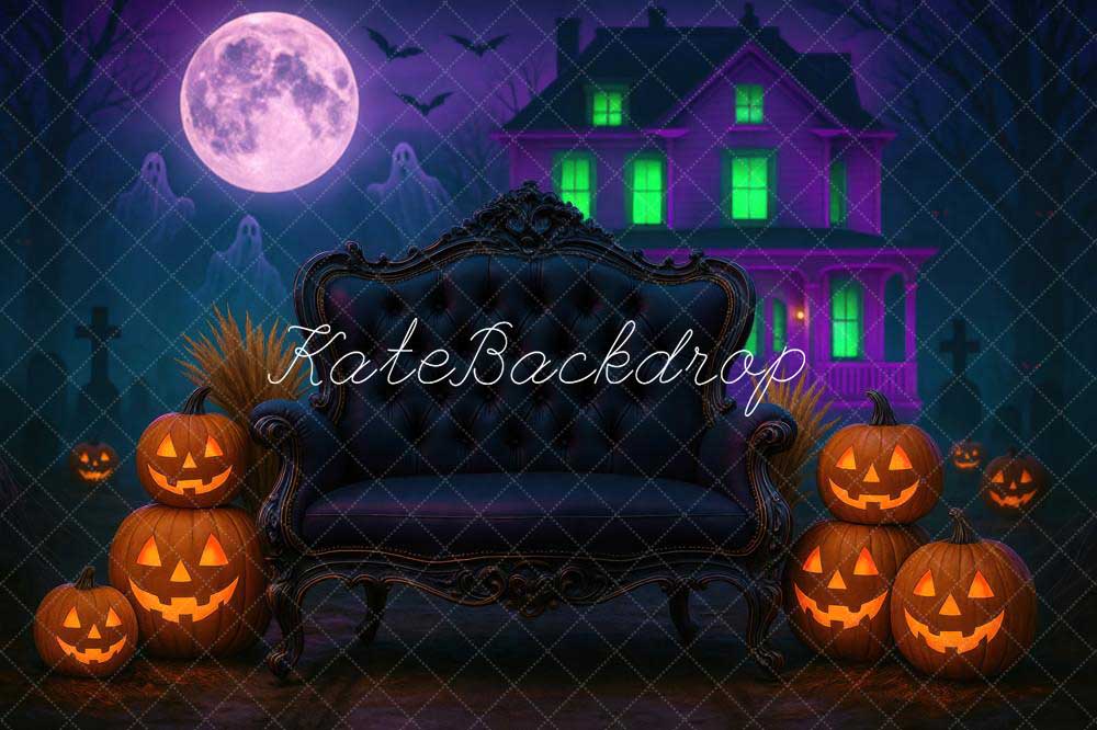 Kate Halloween Moon Pumpkins Haunted House Digital Backdrop by Mini Ma