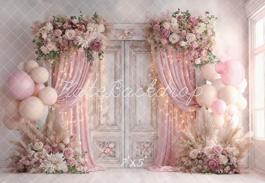 Kate Valentine Flower Balloons Drapes Vintage Doors Pink Backdrop Desi