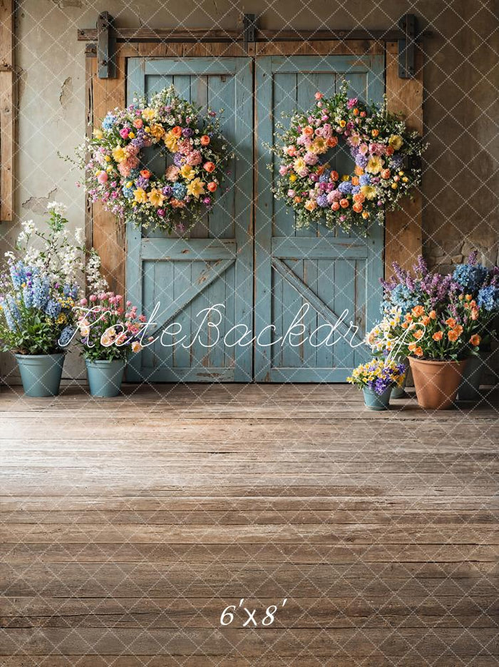 Rustic Blue Doors Floral Wreath Backdrop