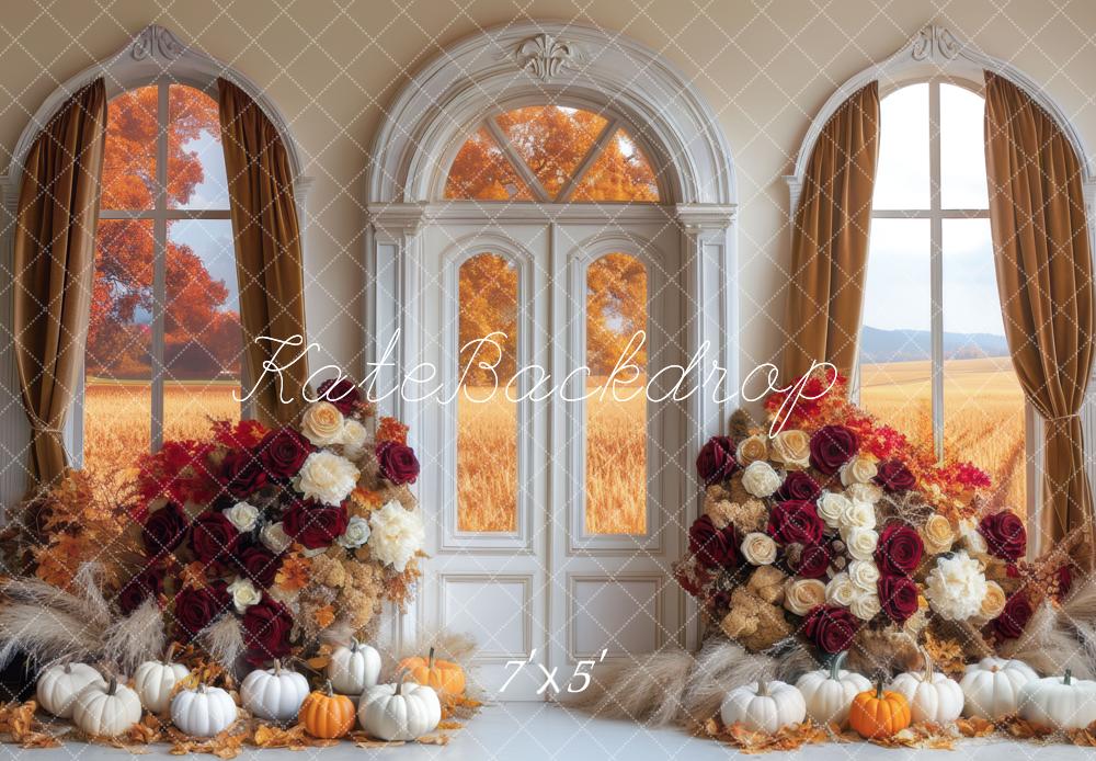 Kate Fall Floral Arch Window Pumpkins Boho Printed Backdrop Designed b