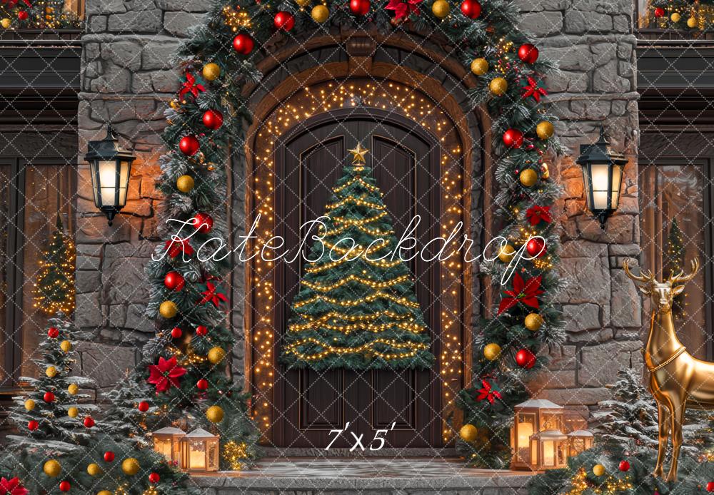Kate Christmas Tree Front Door Gold Reindeer Stone Backdrop Designed b