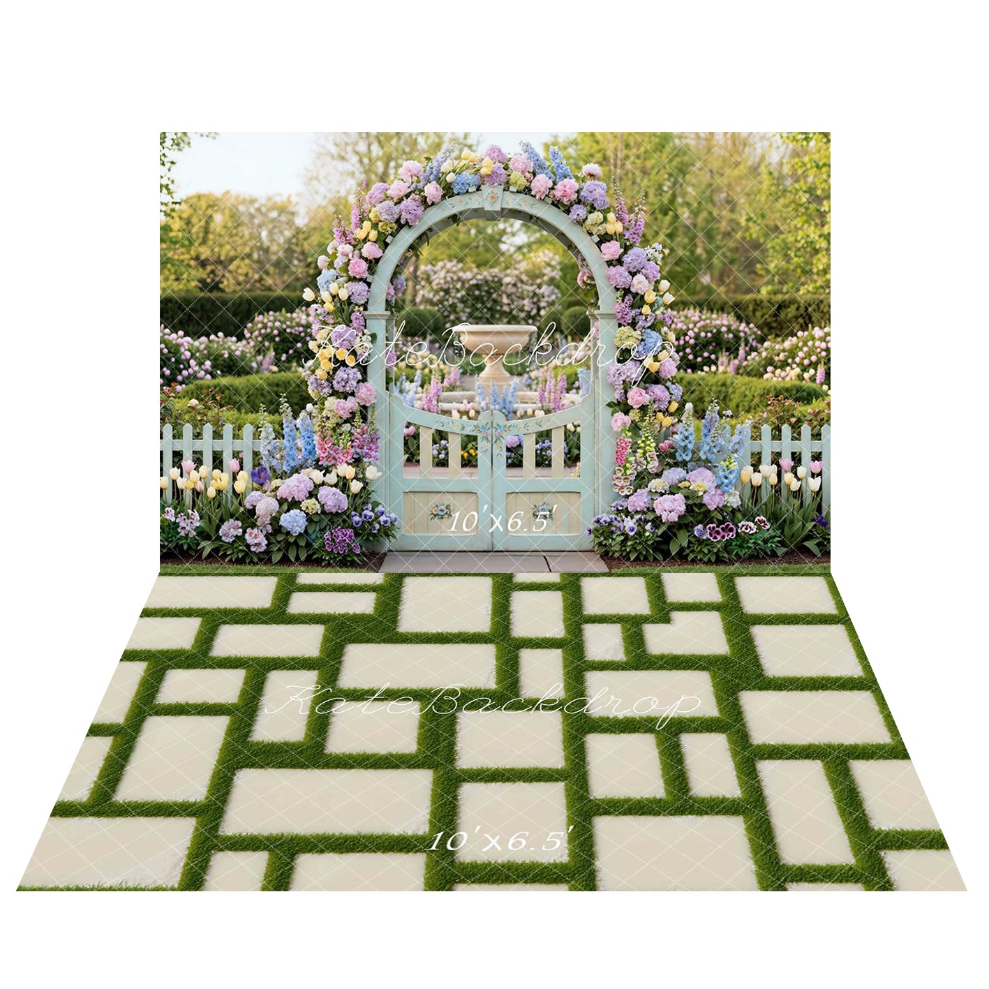 Kate Flower Arch Pastel Garden Gate Fountain Backdrop+Geometric Grass ...