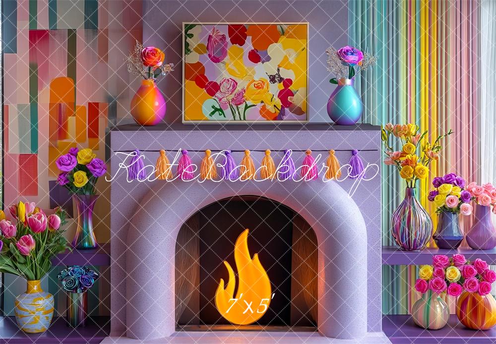 Vibrant Floral Fireplace Backdrop Scene