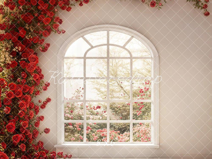 Romantic Red Rose Window Garden Backdrop