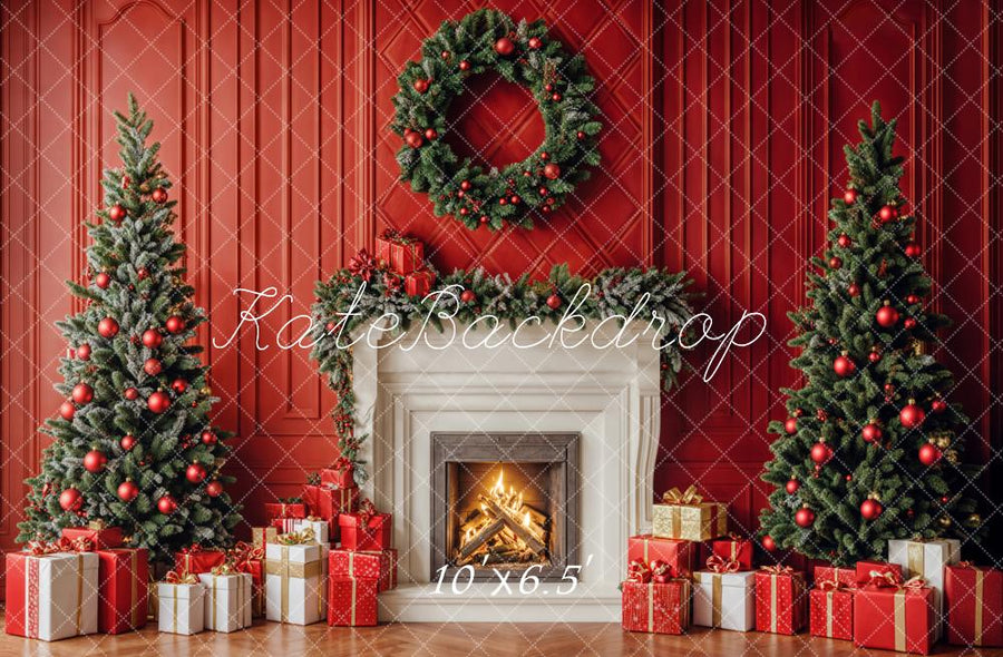 Festive Red Holiday Fireplace Backdrop