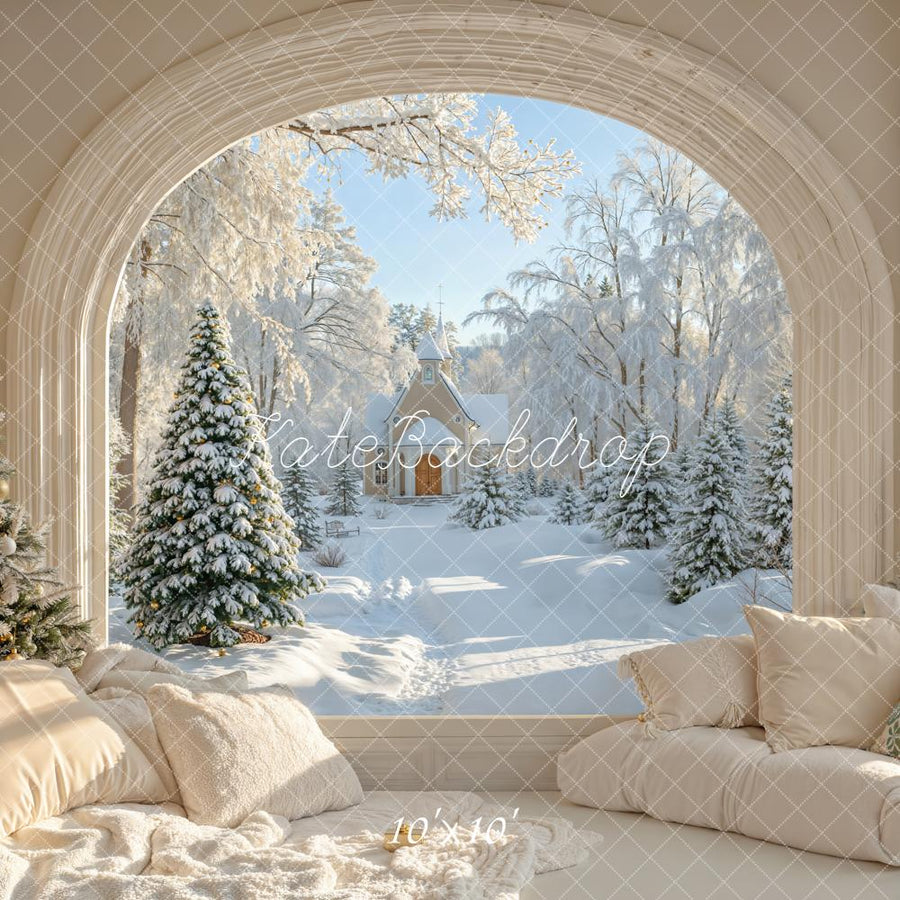 Kate Christmas Arch Snowy Window Tree Cottage Backdrop Designed by Eme