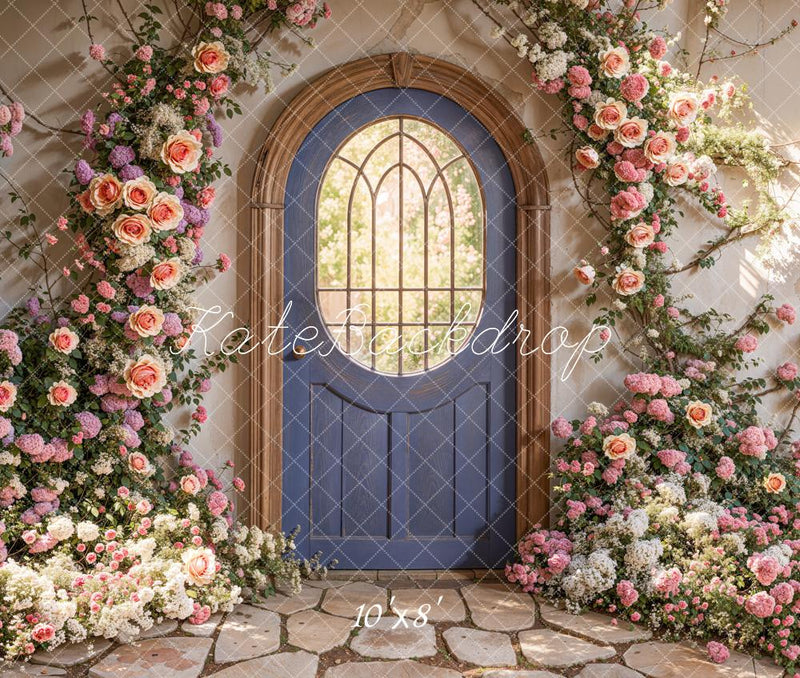 Charming Vintage Blue Door Floral Backdrop