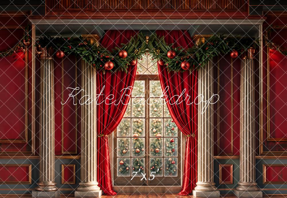 Kate Christmas Indoor Arched Window Red Retro Wall Backdrop Designed b