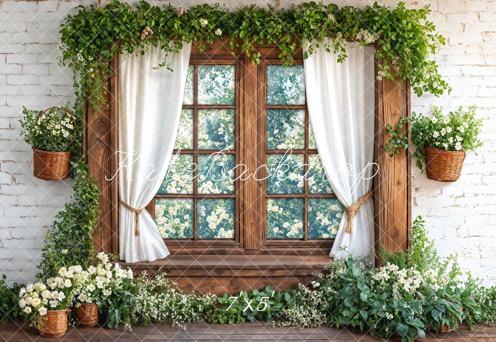Kate Spring Rustic Wood Window White Brick Greenery Flowers Printed Ba