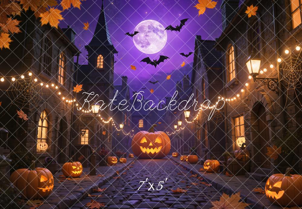 Kate Halloween Night Pumpkin Street Bats Backdrop Designed by Emetselc